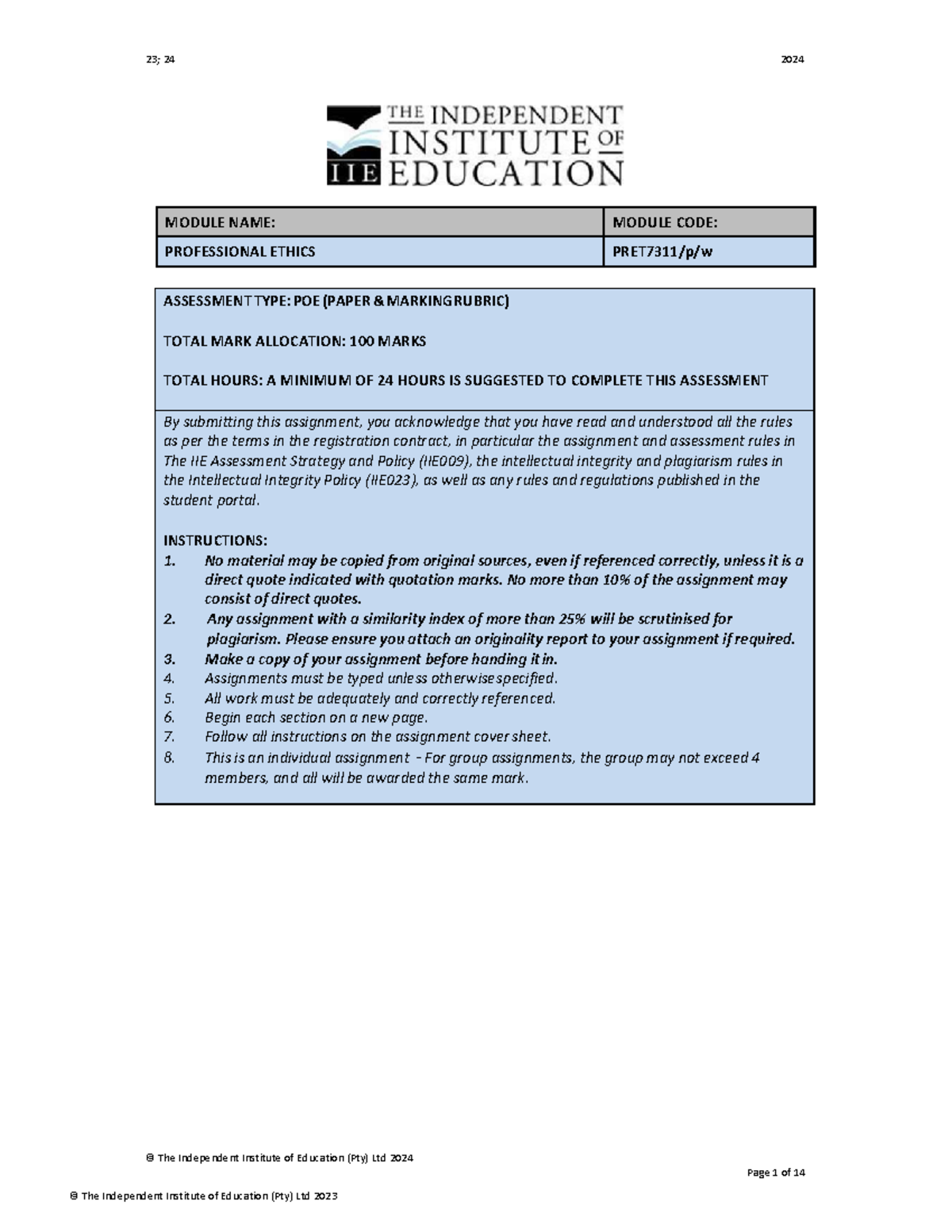 PRET7311 Professional Ethics Assessment: Paper Marking Rubric ...