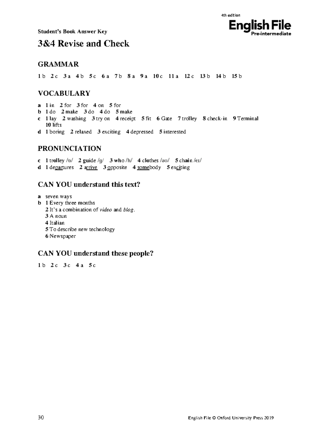 English File 4e Pre-int SB answer key-30 - Student’s Book Answer Key ...