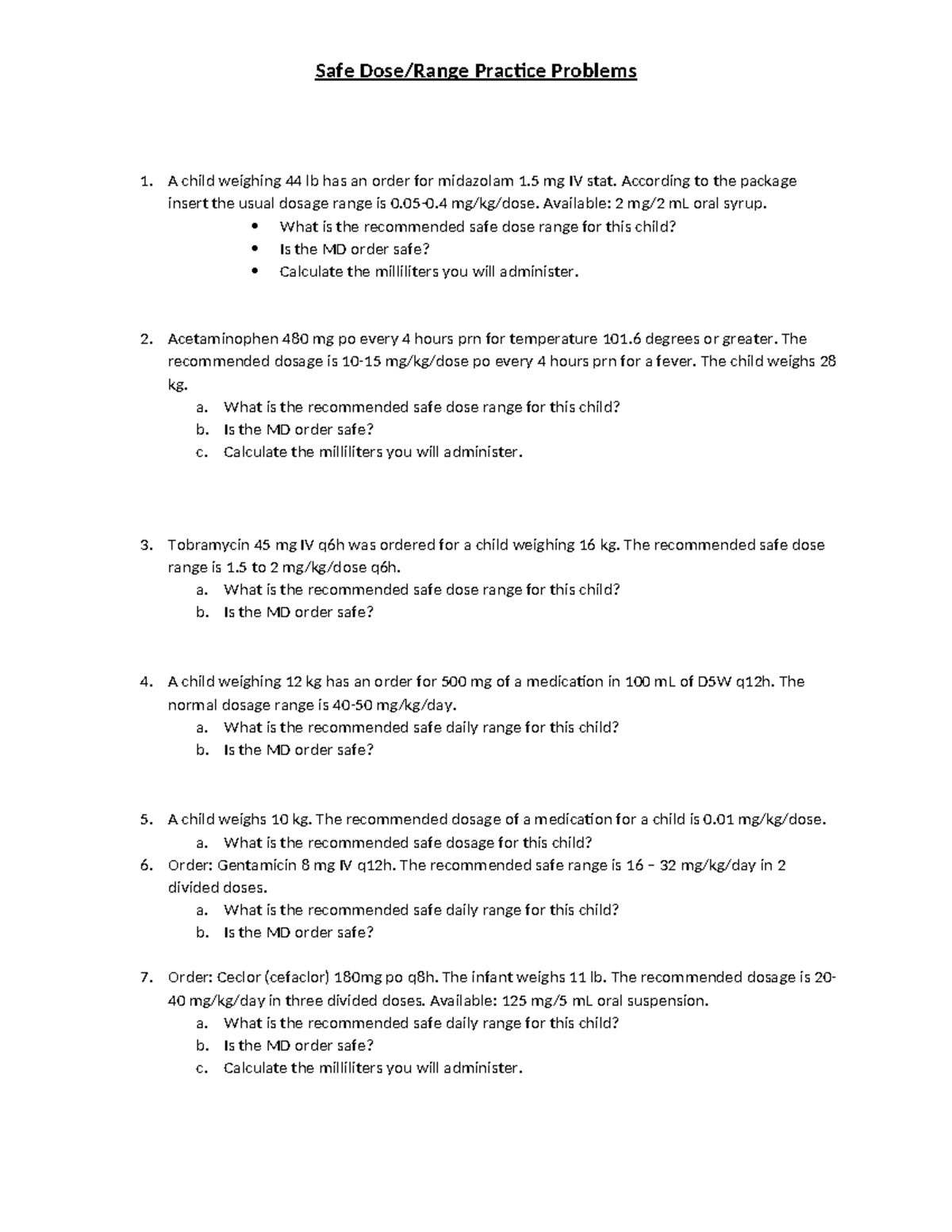 Safe Dose/Range Calculations for Pediatric Patients - Studocu