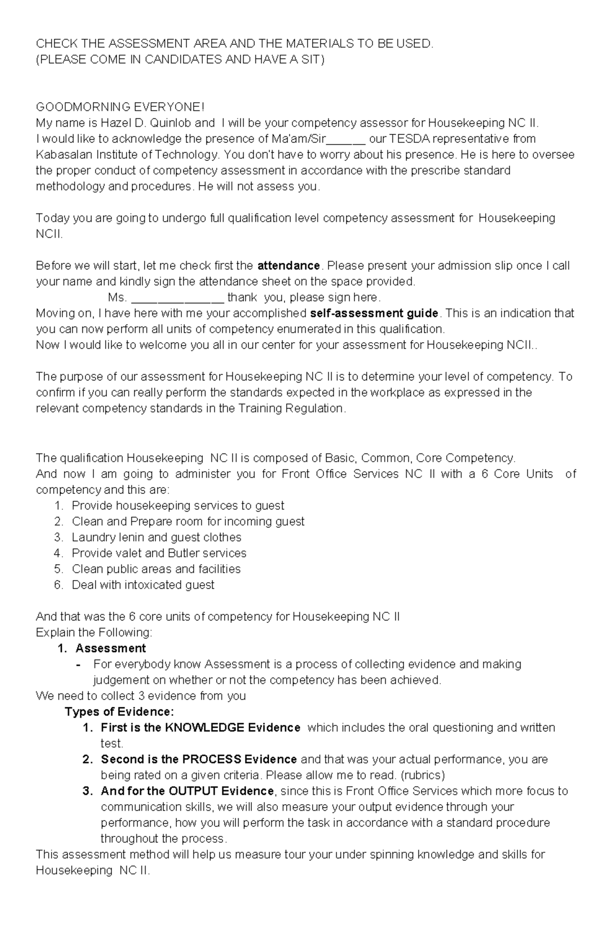 Housekeeping NCII Final Assessment Script by Hazel D. Quinlob - Studocu