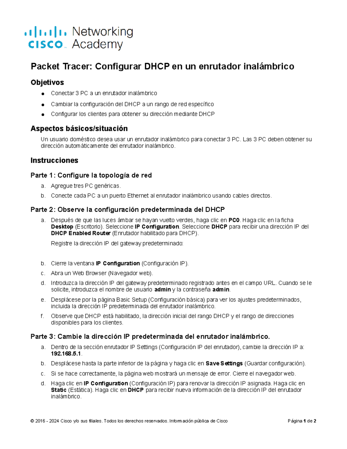 Packet Tracer: Configuración de DHCP en Router Inalámbrico - Studocu