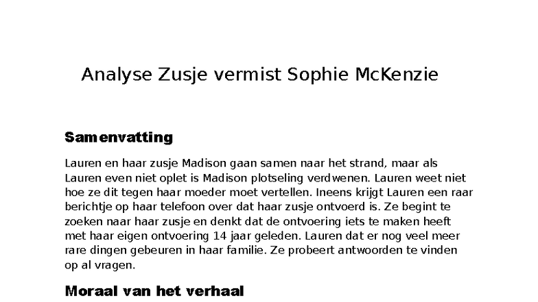 Analyse van 'Zusje Vermist' door Sophie McKenzie: Verlies en ...