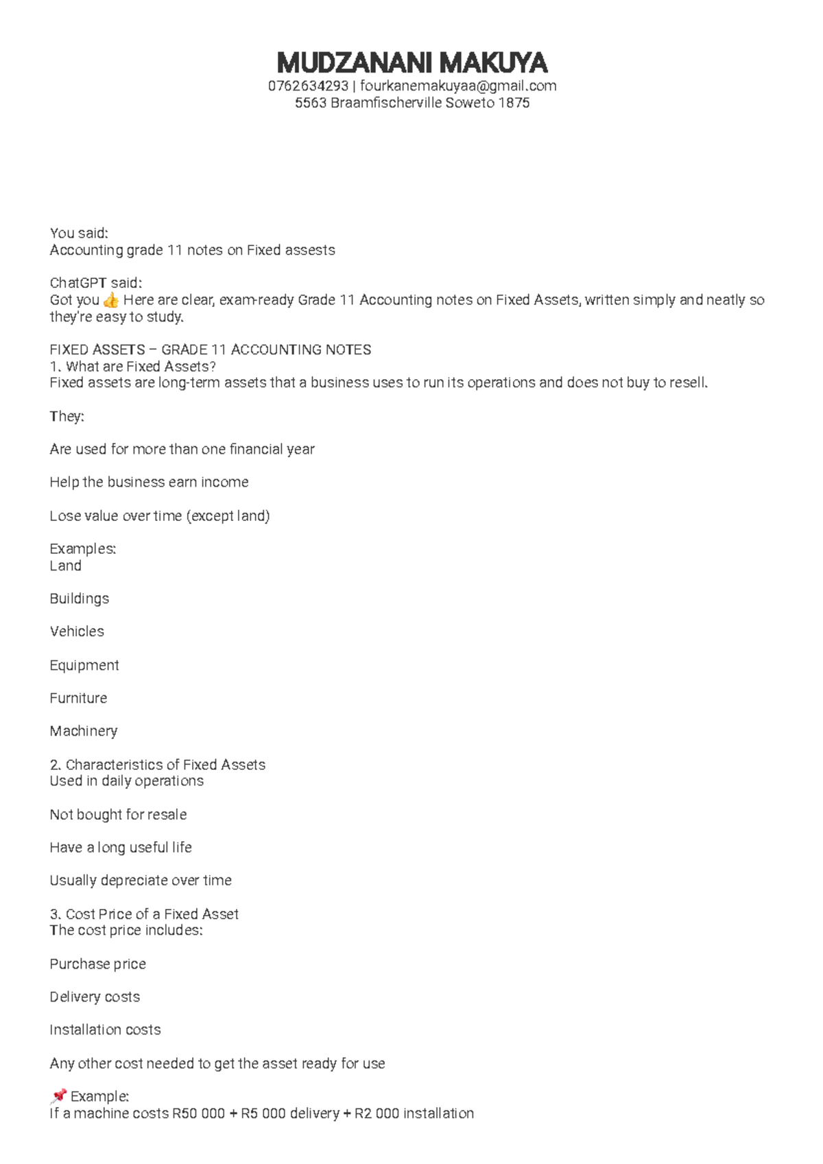 Grade 11 Accounting Notes: Fixed Assets Overview - Studocu