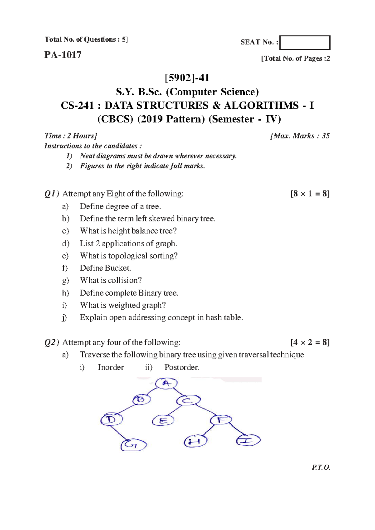 DSA Paper Solved: S.Y. B.Sc. (CS) Data Structures & Algorithms I (CBCS ...