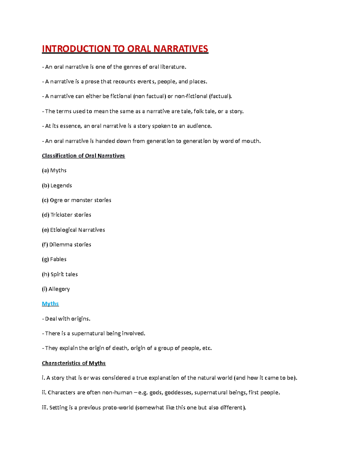 ORAL Literature Notes: Understanding Oral Narratives and Myths - Studocu