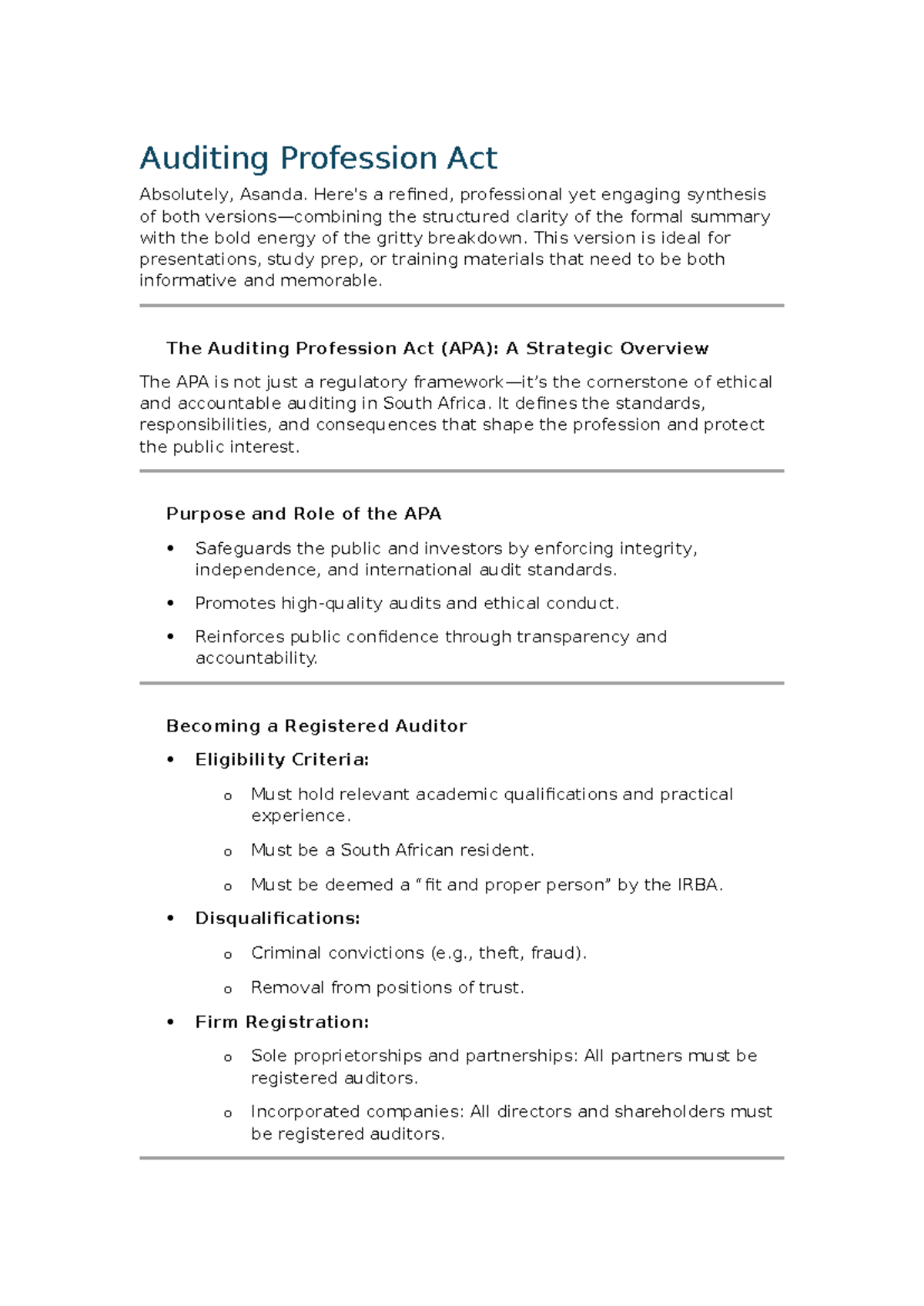 Auditing Profession Act (APA): Key Insights & Responsibilities - Studocu