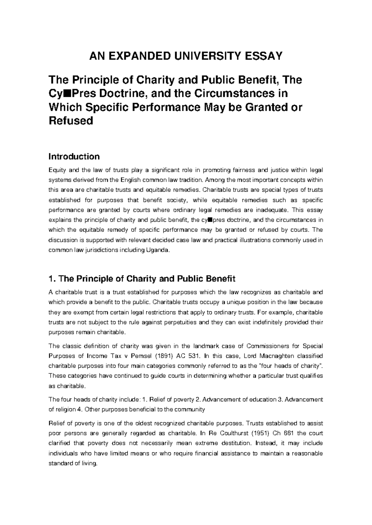 Expanded Essay on Charity, Cypres Doctrine & Specific Performance - Studocu