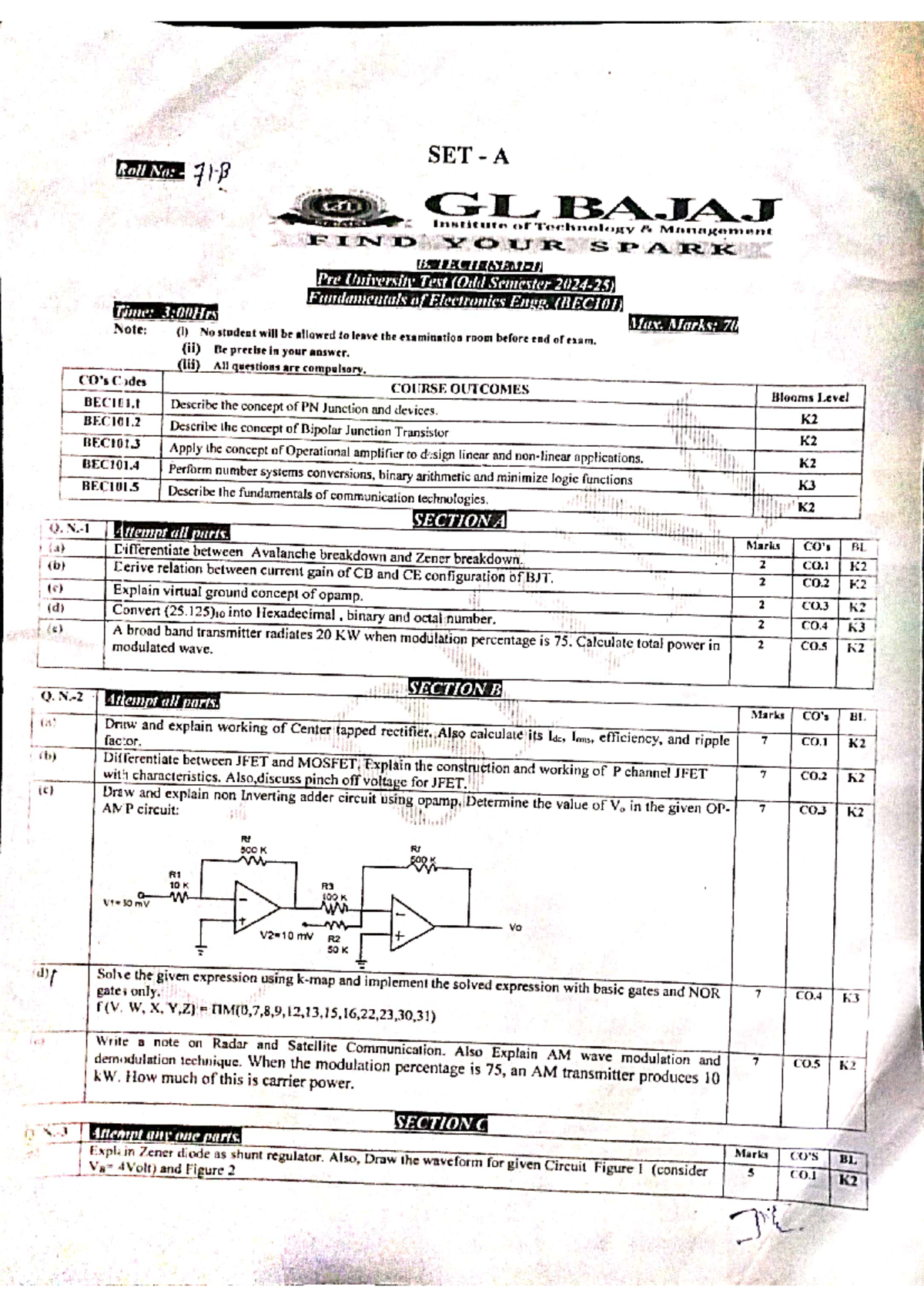 PUT Question Paper 2024-25: 1st Year B.Tech Fundamentals of Electronics - Studocu