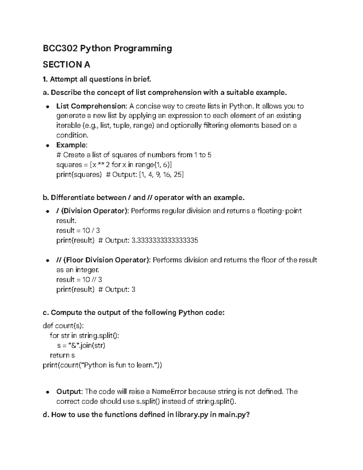 Combined Python Exam Solutions (BCC302 & KNC-302) - List Comprehension & More - Studocu