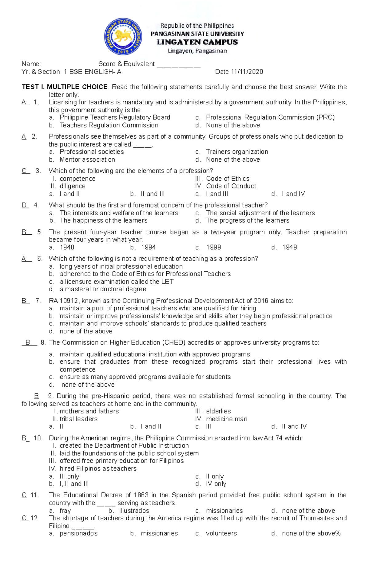PROF EDU 102 EXAM Teachng PROF MID-TERM 2020 - Education - PangSU - Studocu