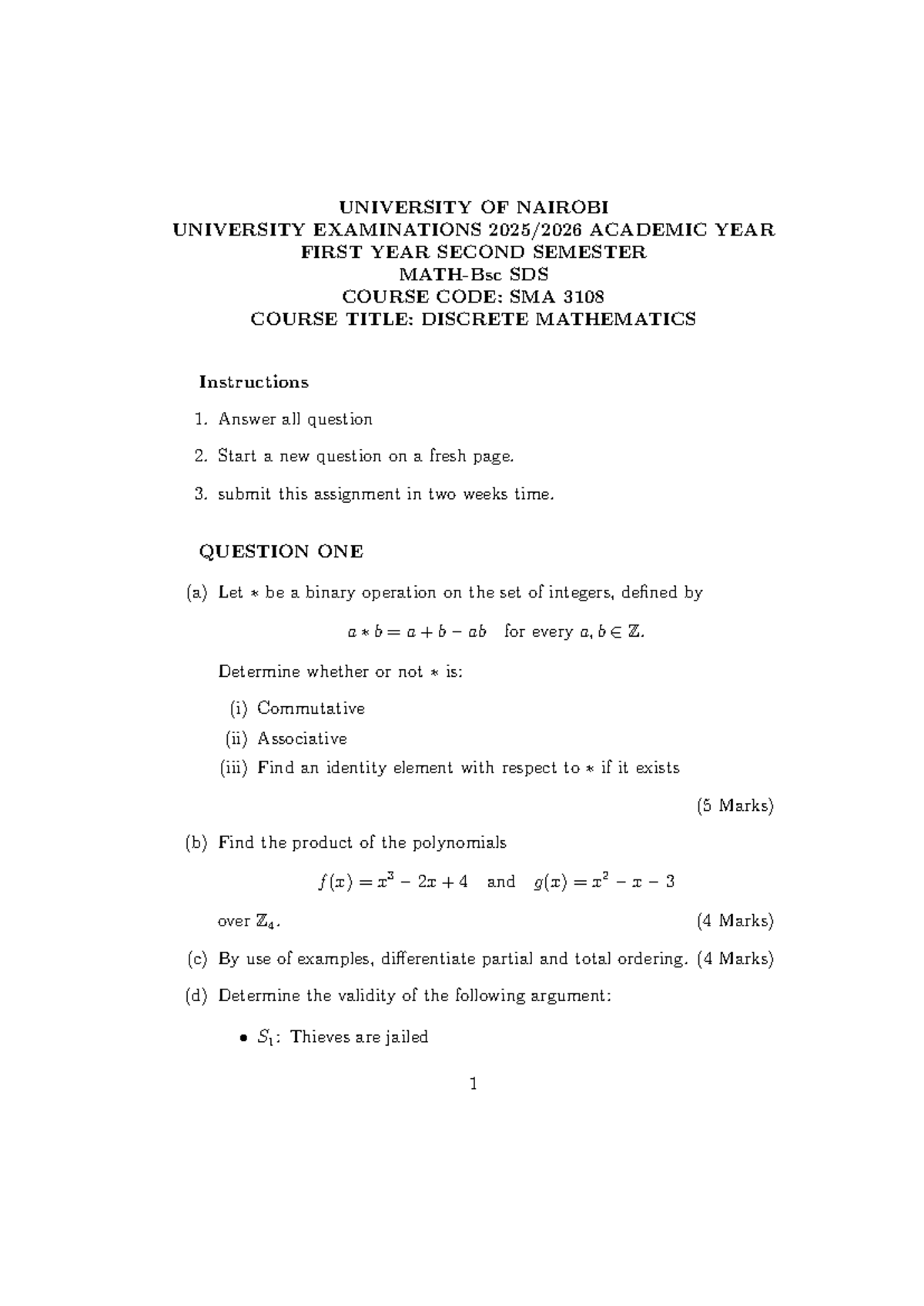 SMA 3108 - Discrete Mathematics CAT1 Exam Questions and Solutions - Studocu