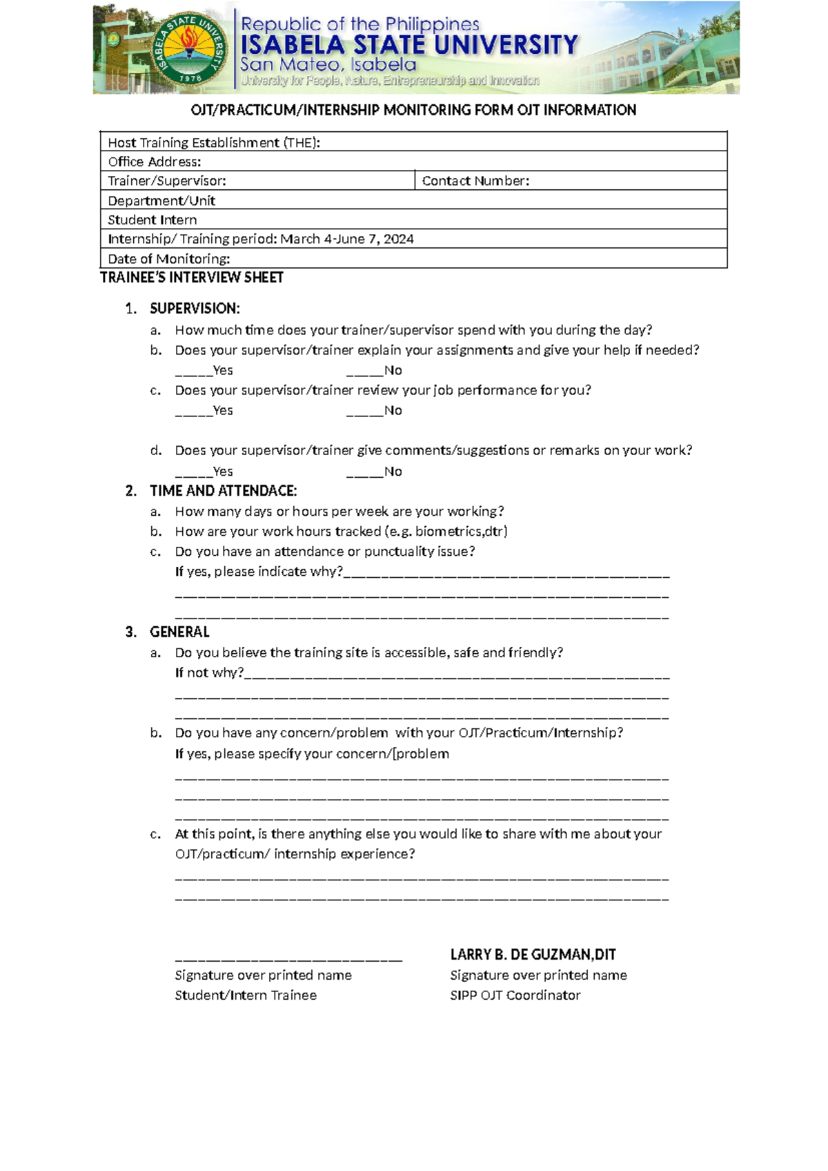 OJT/PRACTICUM/INTERNSHIP MONITORING FORM - MARCH TO JUNE 2024 - Studocu