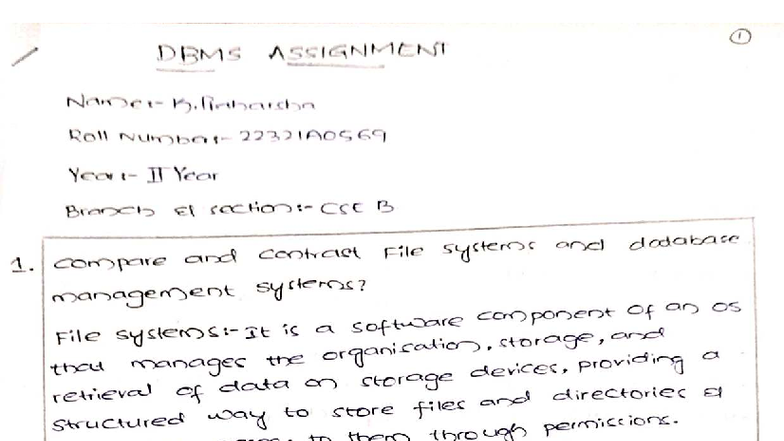 DBMS Assignment: Comparing File Systems and Database Management Systems - Studocu