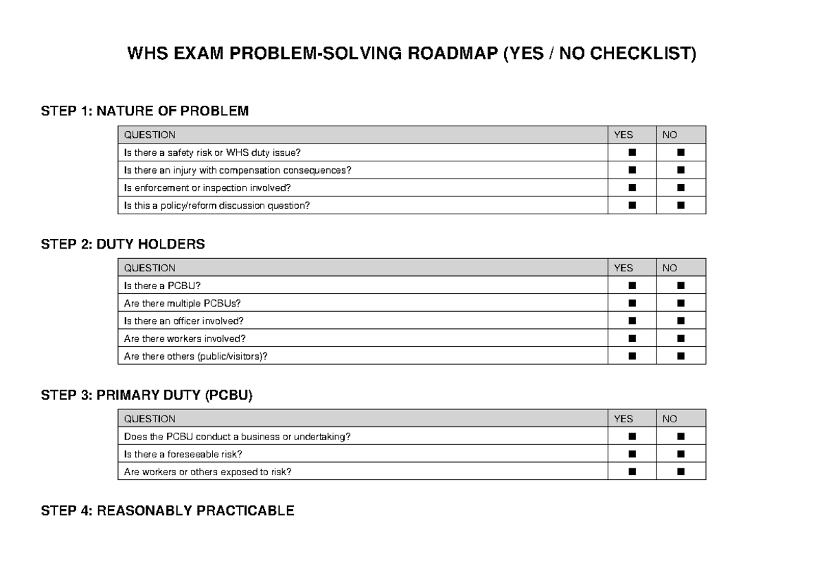 WHS EXAM ROADMAP CHECKLIST: Problem Solving Steps - Studocu