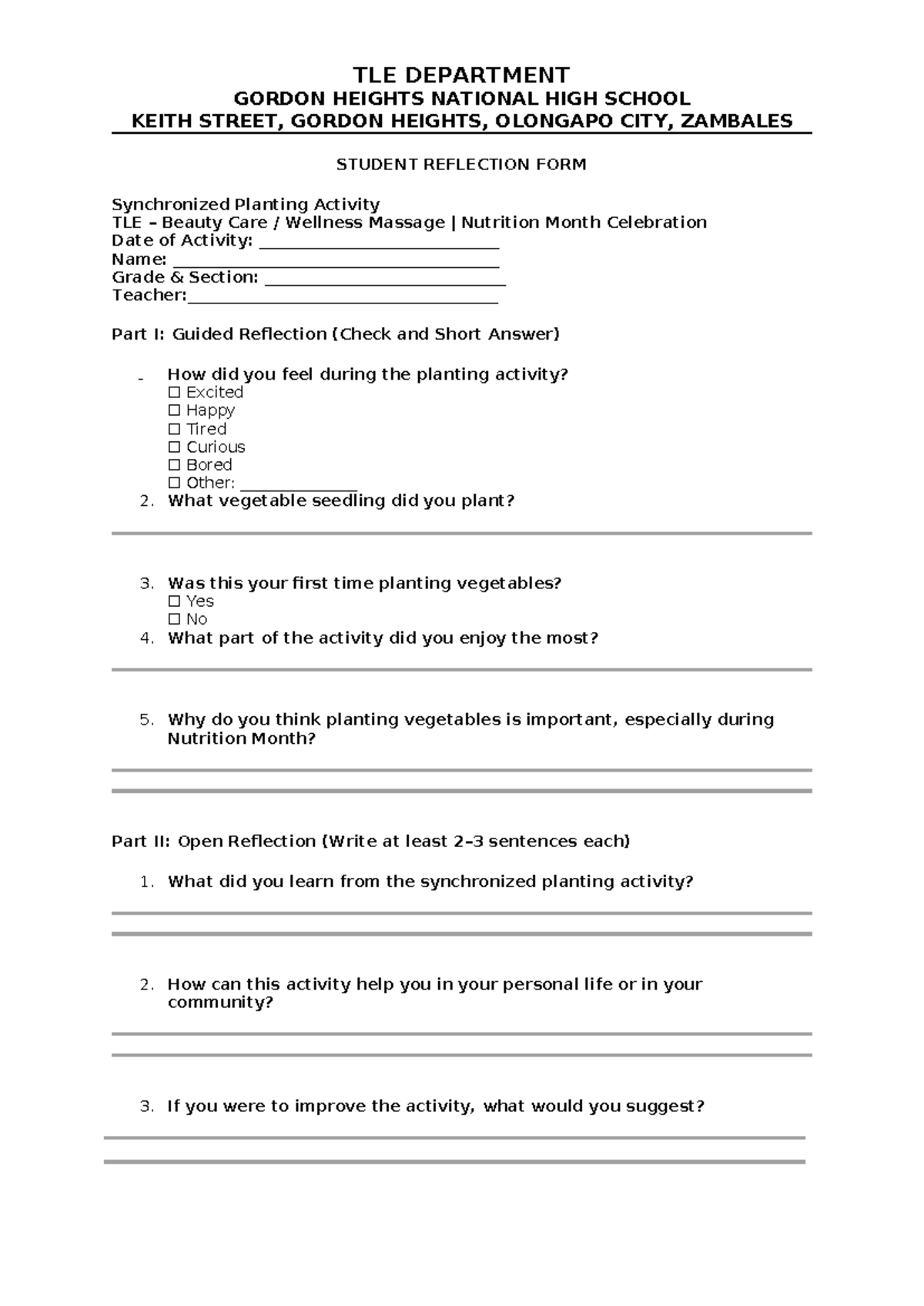 TLE 10 Reflection Form: Synchronized Planting Activity - Studocu