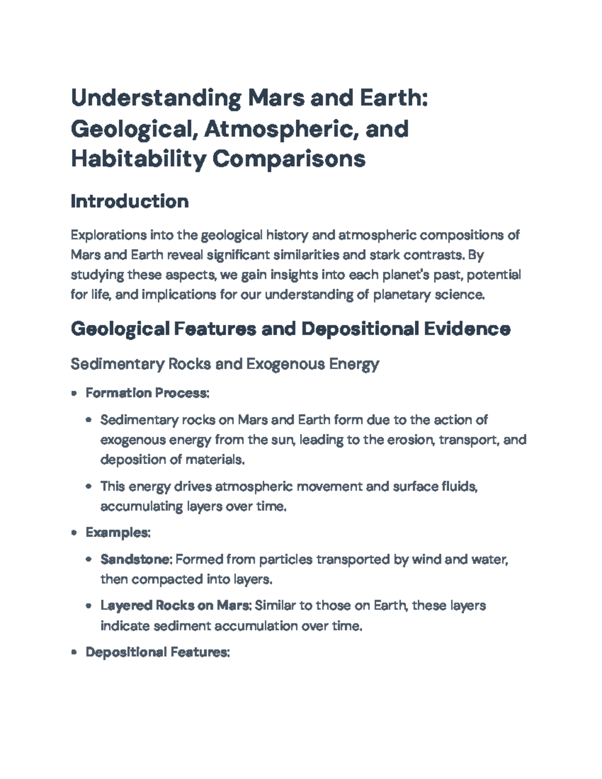 Comparative Analysis of Mars and Earth: Geology, Atmosphere, and ...