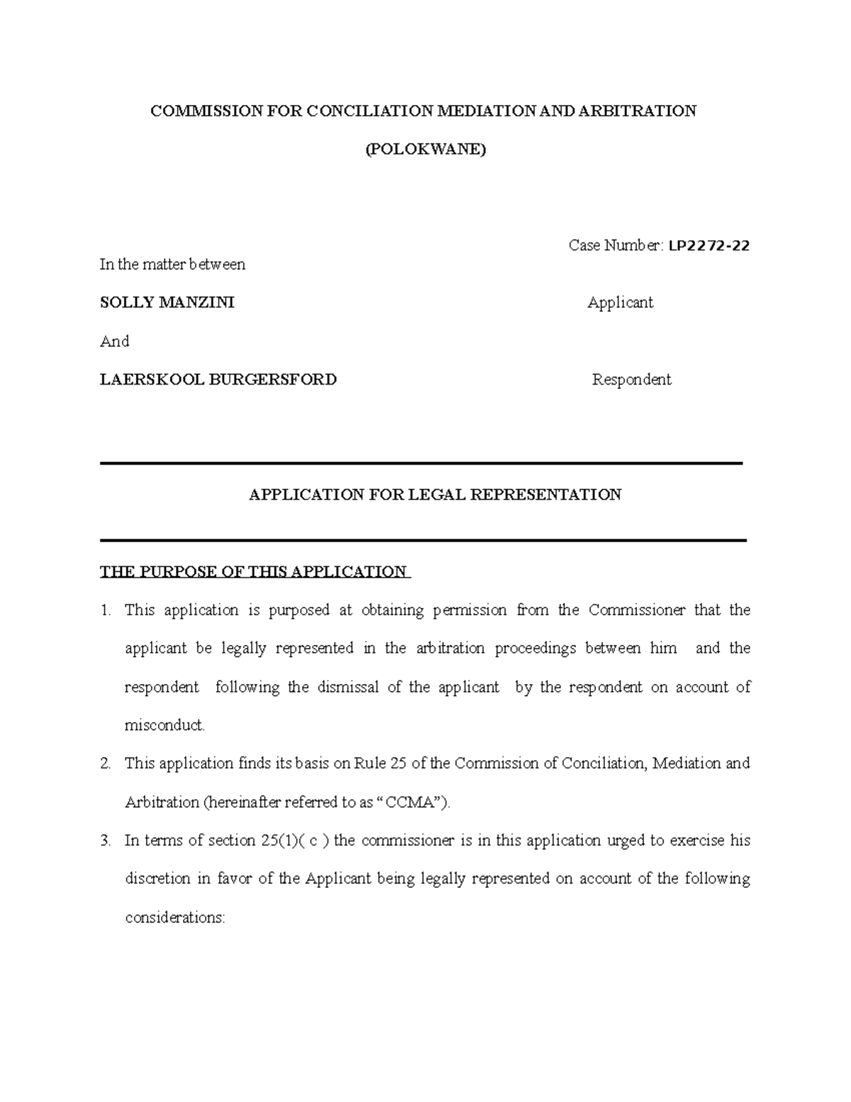 Legal Representation Application (Case No: LP2272) - CCMA - Studocu