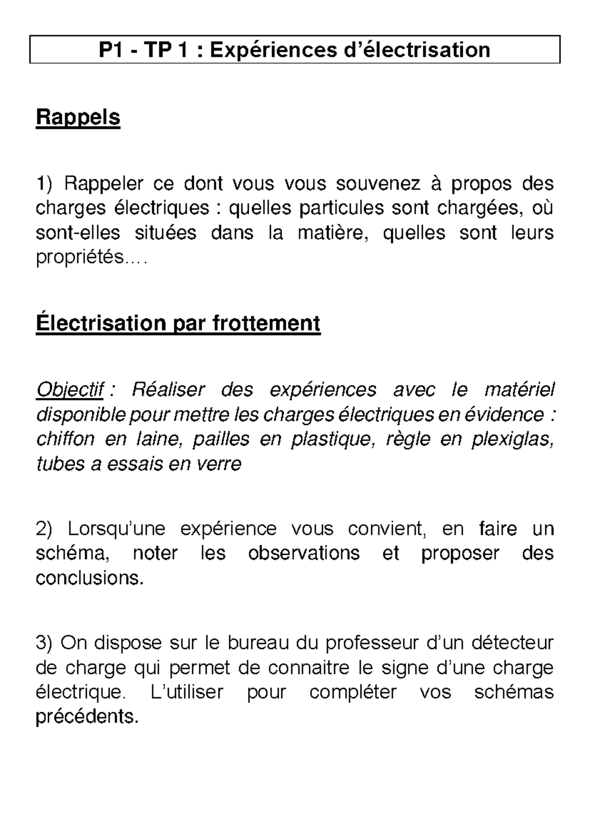 TP 1 - Expériences d'électrisation et de polarité des molécules - Studocu
