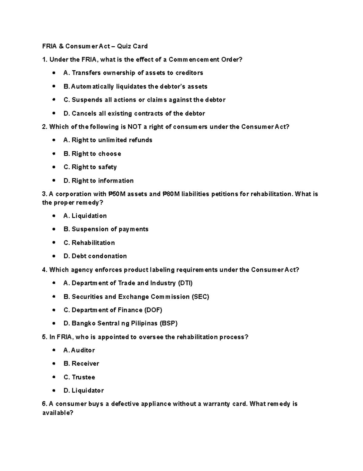 FRIA Consumer Act Quiz Card 1: Key Concepts and Rights - Studocu