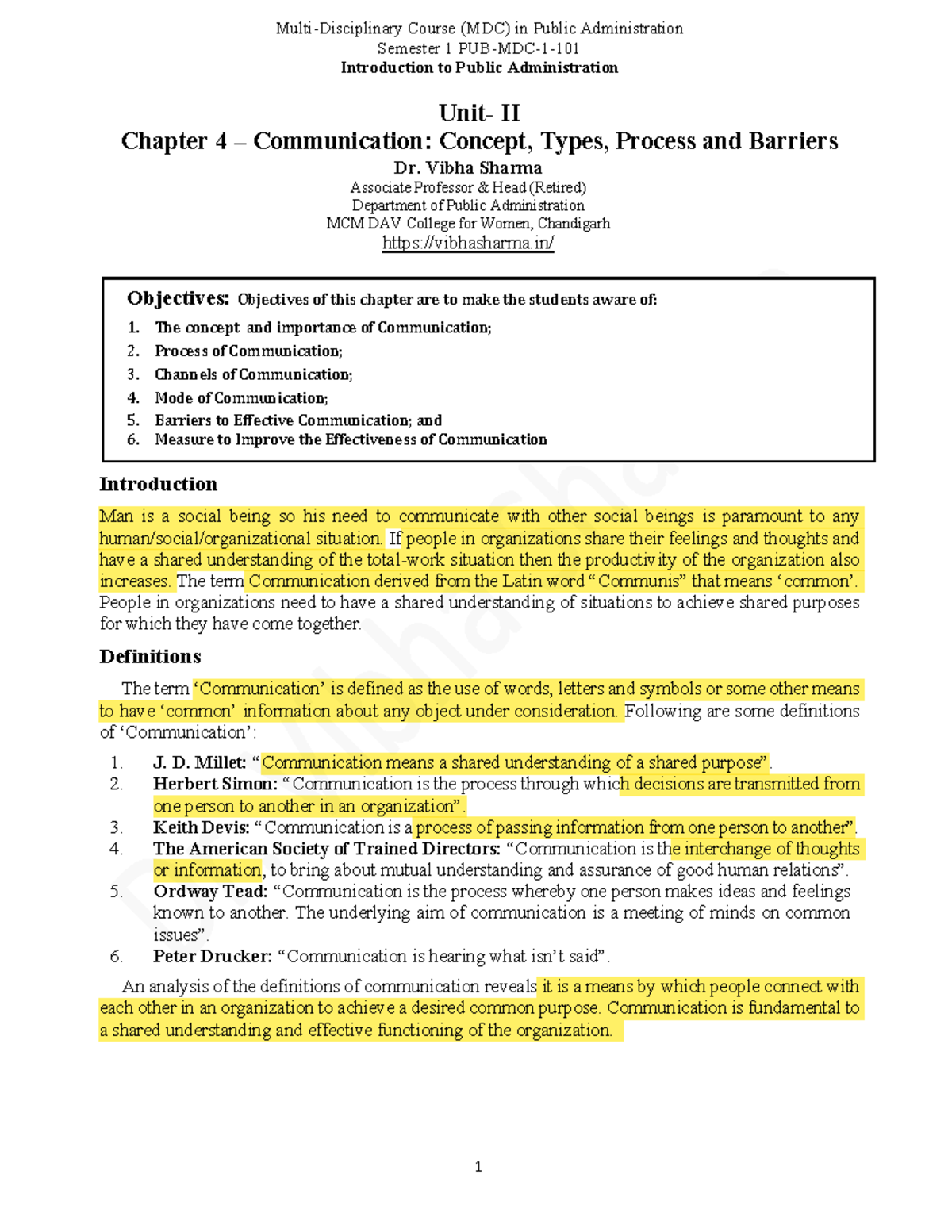 MDC Public Administration Sem 1: Chapter 4 - Communication Concepts & Barriers - Studocu