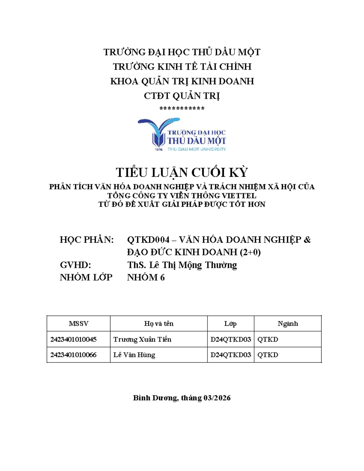 Tiểu Luận Cuối Kỳ QTKD004: Phân Tích Văn Hóa Doanh Nghiệp Viettel - Studocu