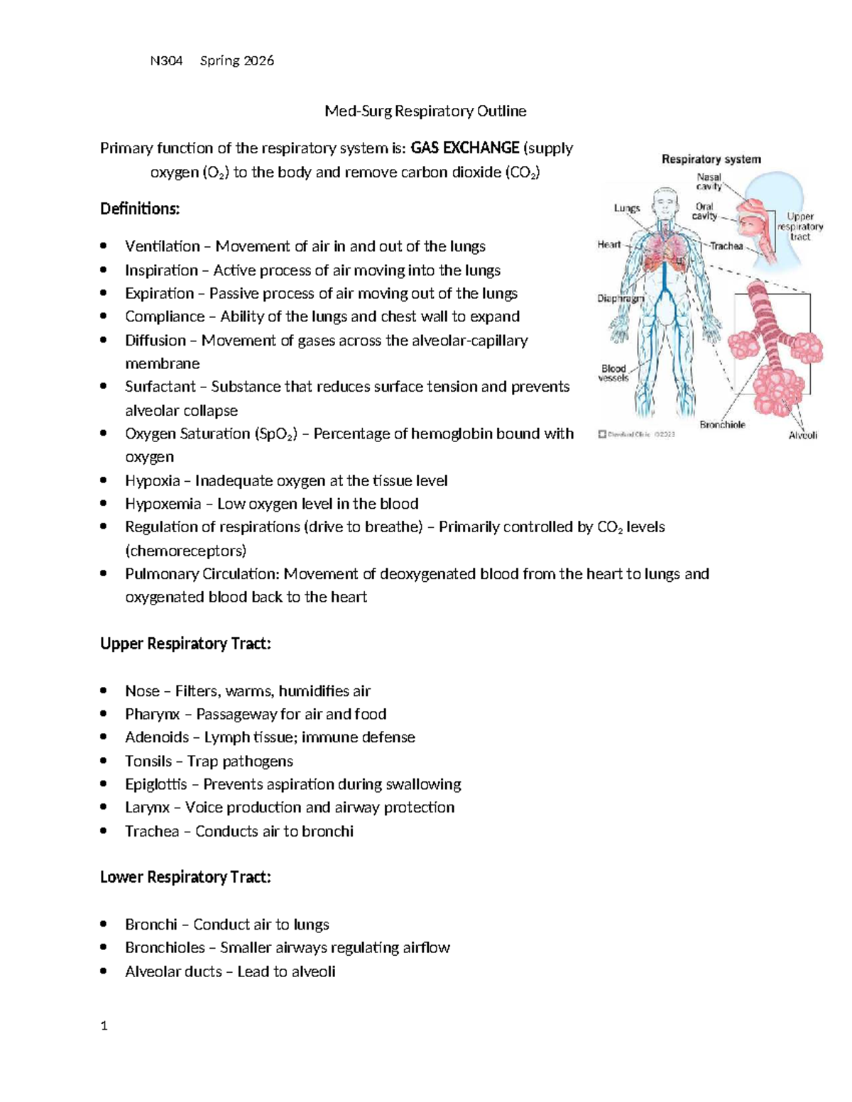 N304 Spring 2026 Respiratory System Overview and Key Concepts - Studocu