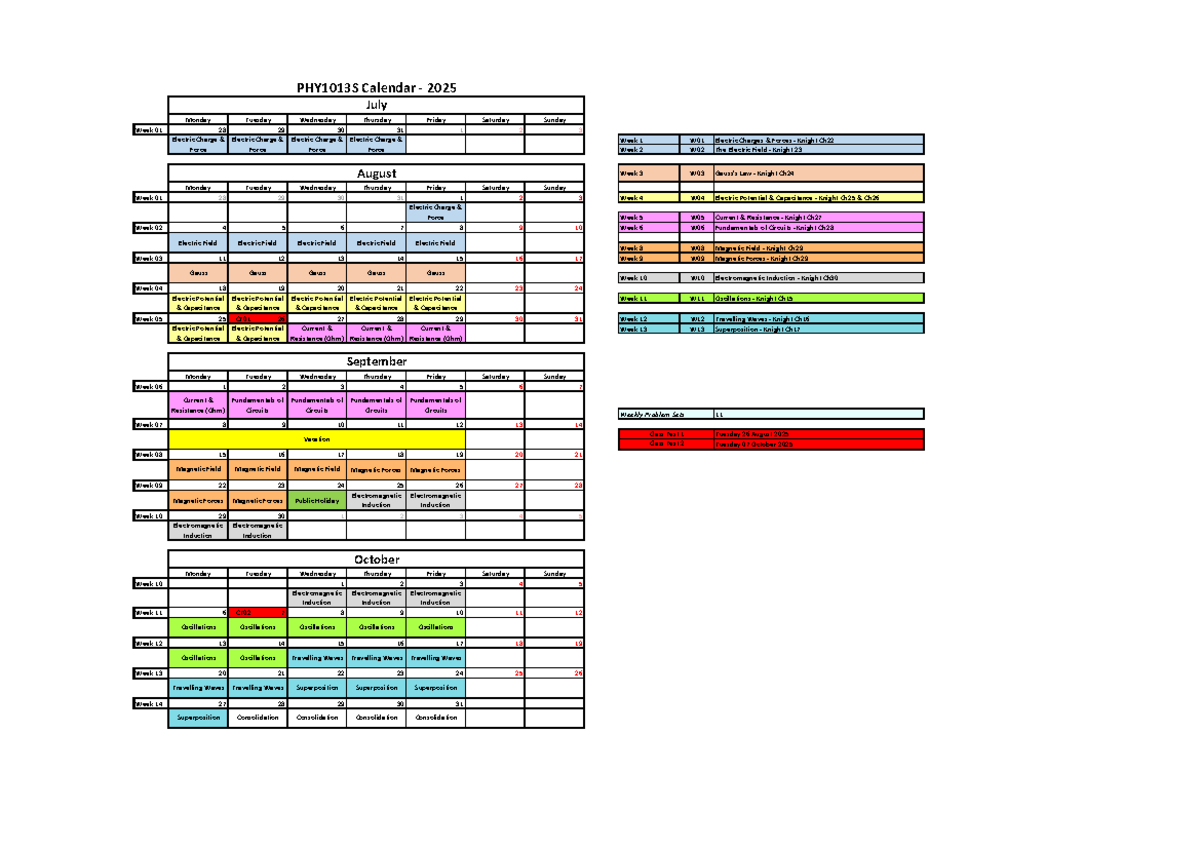 PHY1013S Lecture Calendar 2025: Weekly Overview and Topics - Studocu