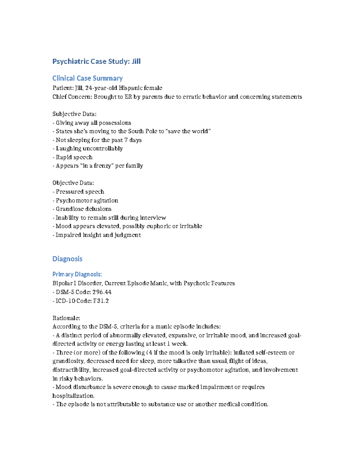 Psychiatric Case Study: Jill - Bipolar I Disorder Analysis - Studocu
