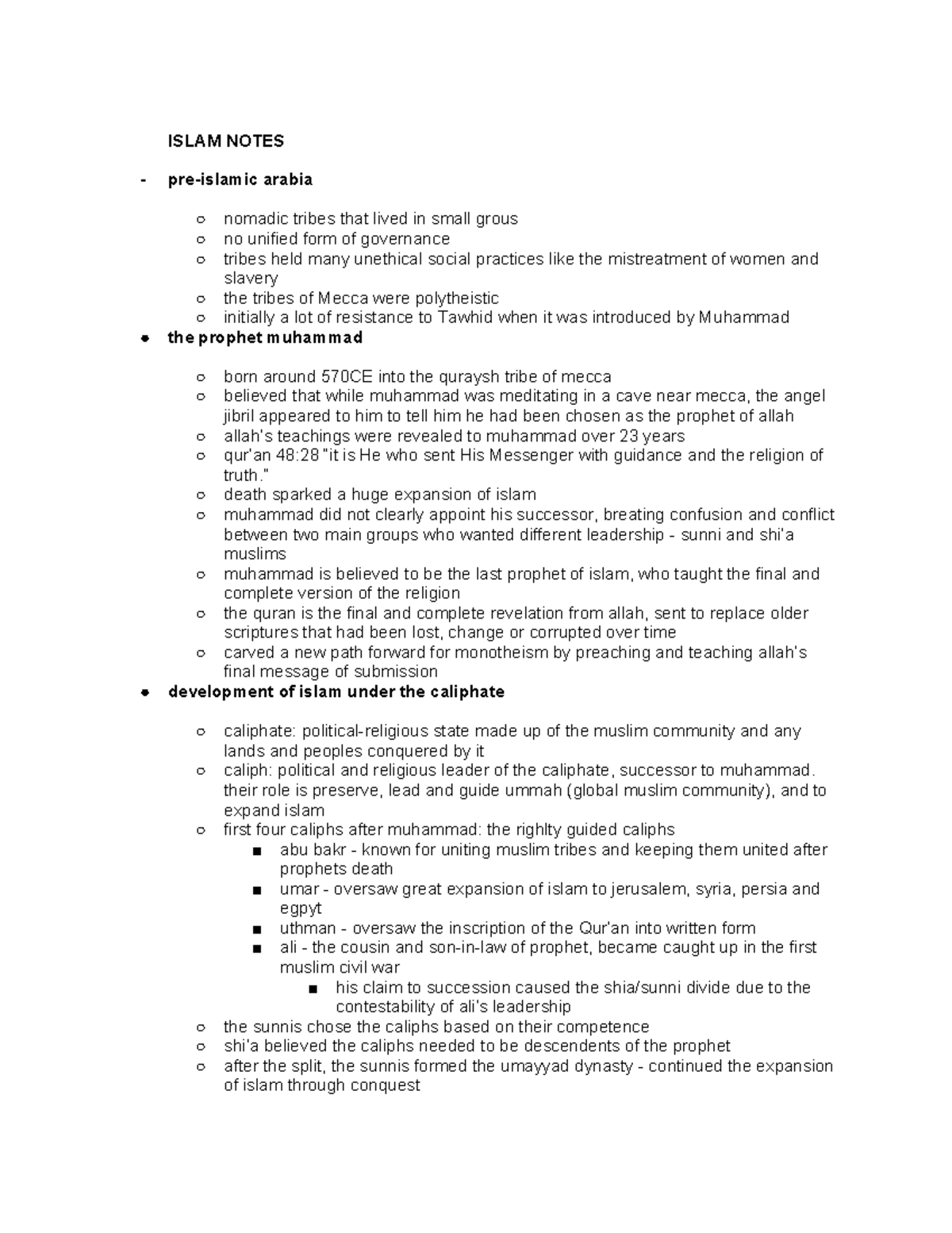 Islam Notes - ISLAM NOTES pre-islamic arabia nomadic tribes that lived ...