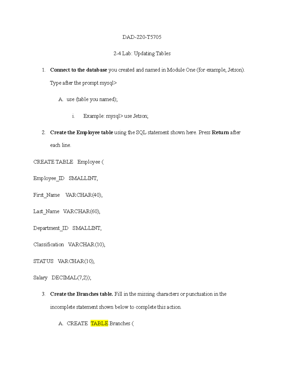 DAD-220 Lab: Creating and Updating Employee & Branches Tables - Studocu