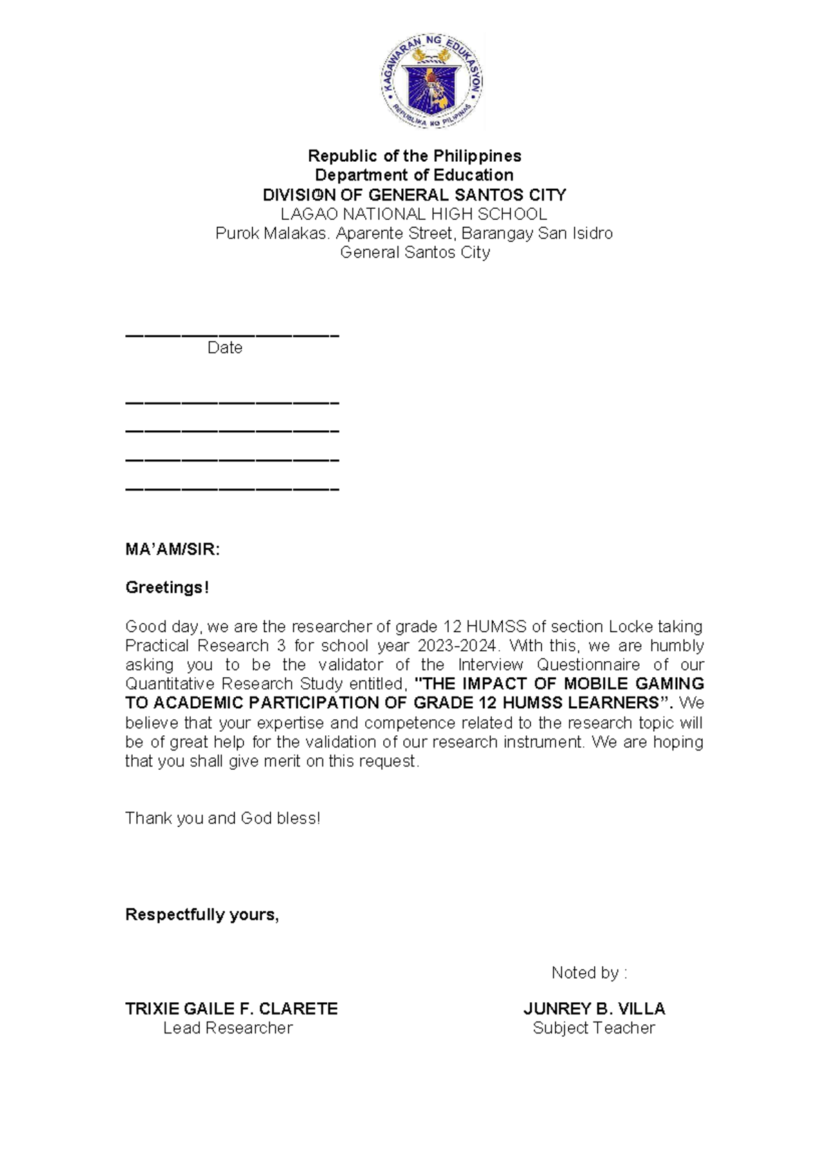 Validating sheets - 1 Republic of the Philippines Department of ...