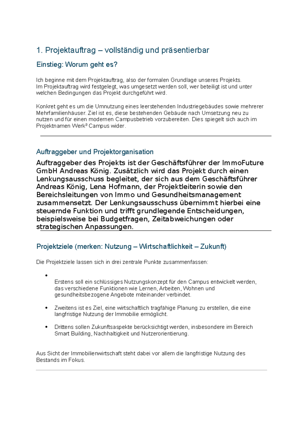 PM - Projektauftrag Werk³ Campus: Ziele, Team & Risiken - Studocu