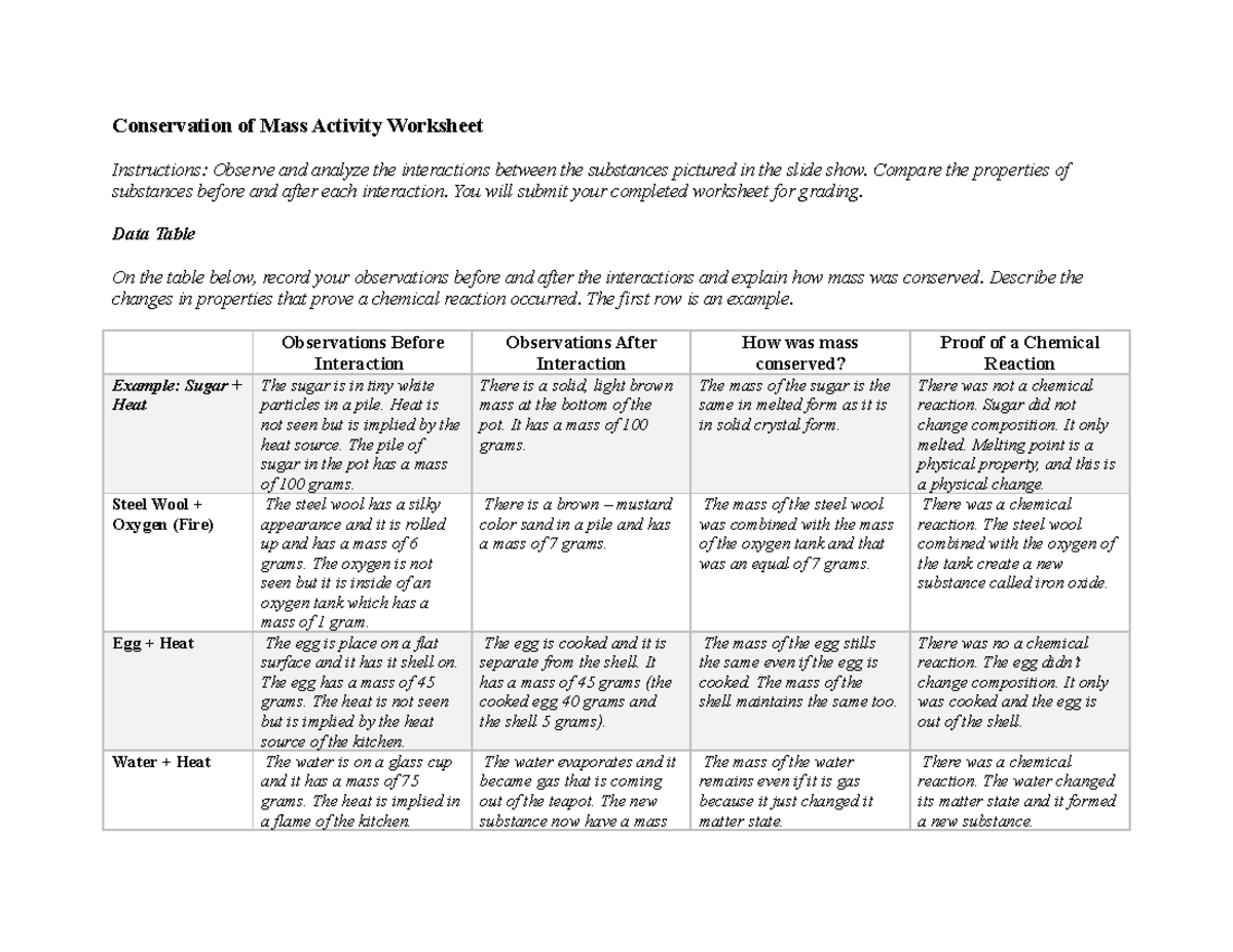 Conservation mass activity worksheet - Conservation of Mass Activity ...