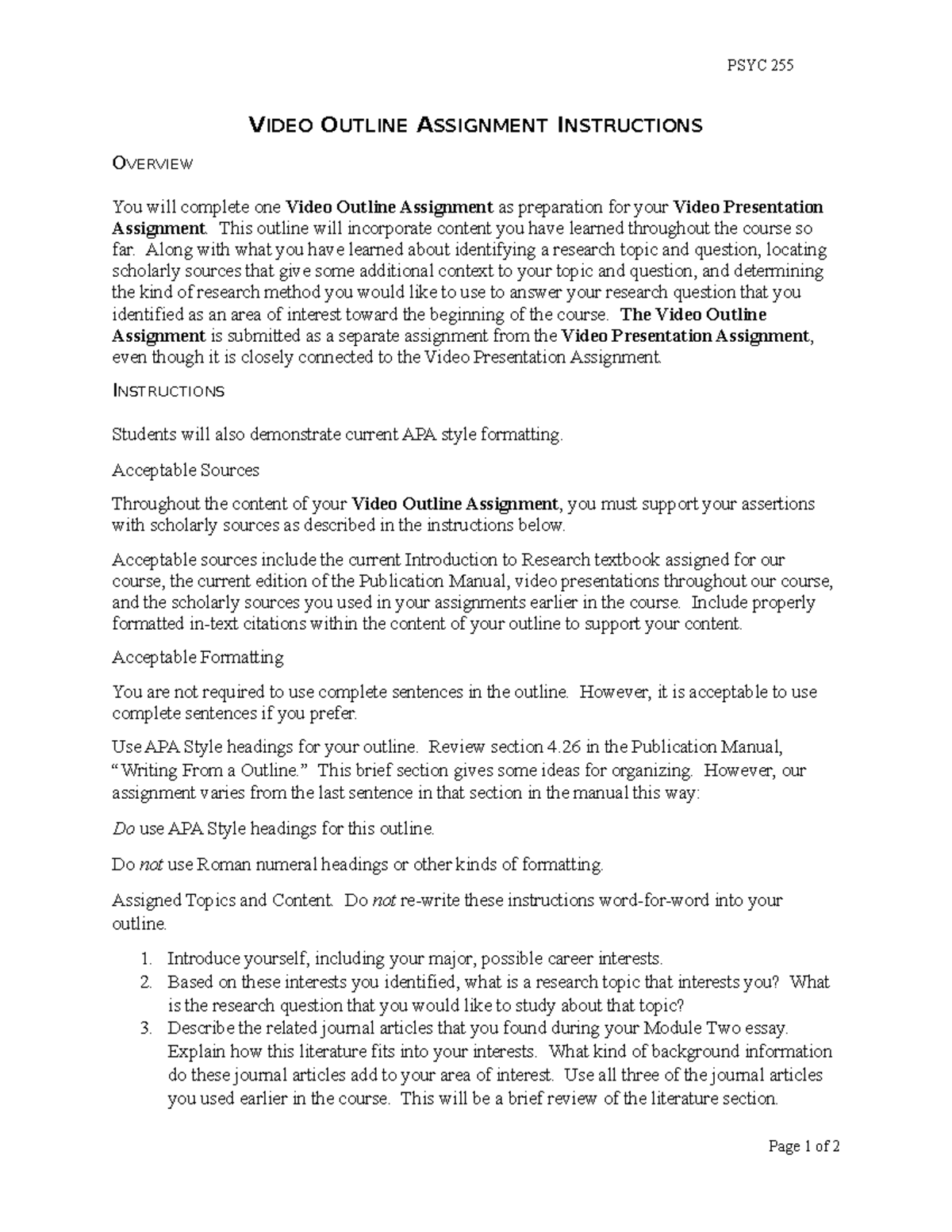 PSYC 255 Video Outline Assignment Guidelines for Presentations - Studocu