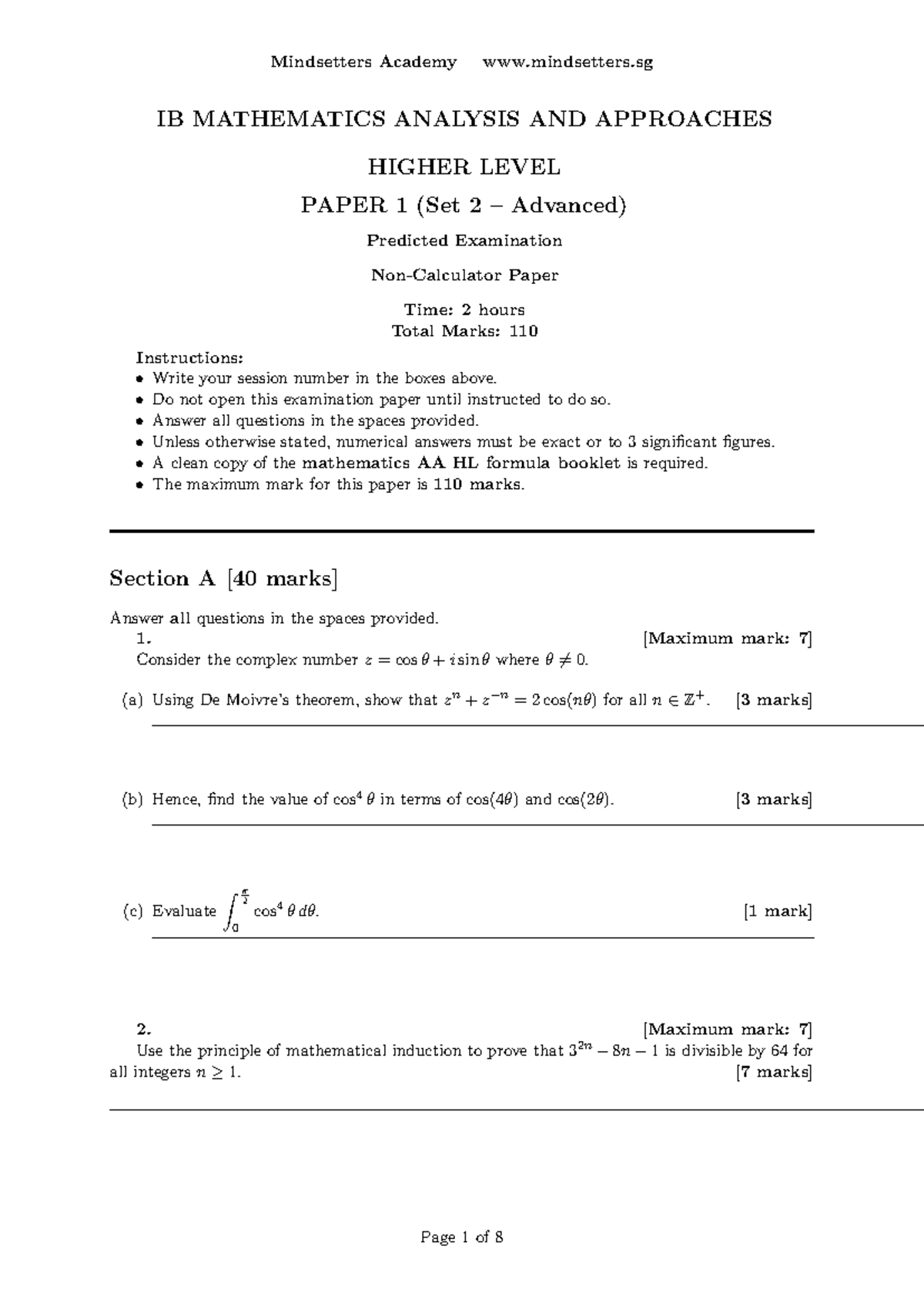 Paper 1 (Set 2) Advanced Predicted Exam - IB Mathematics AA HL - Studocu