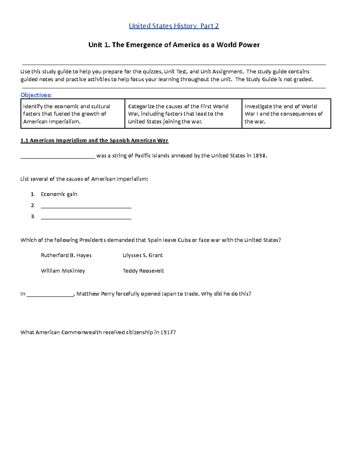 USHistory-Part2 Unit1Study Guide - United States History, Part 2 Unit 1 ...