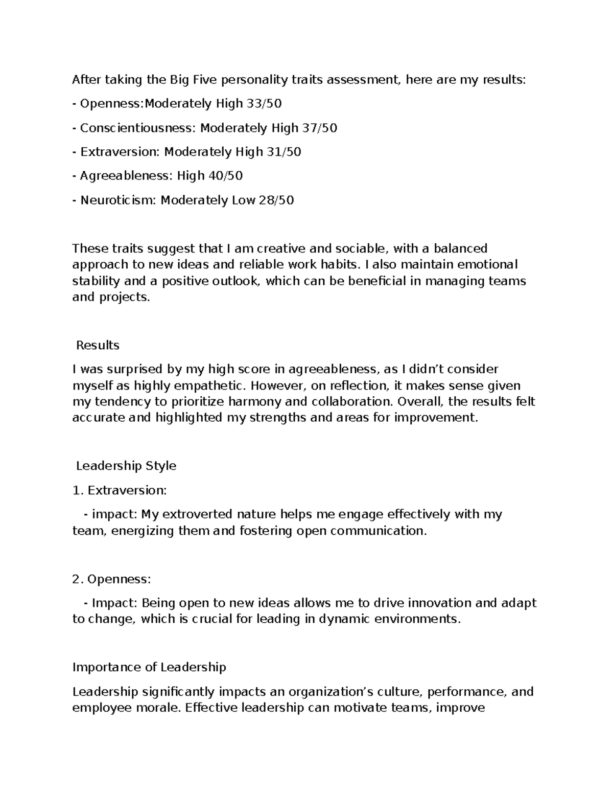 Module 1-3 journal - After taking the Big Five personality traits ...