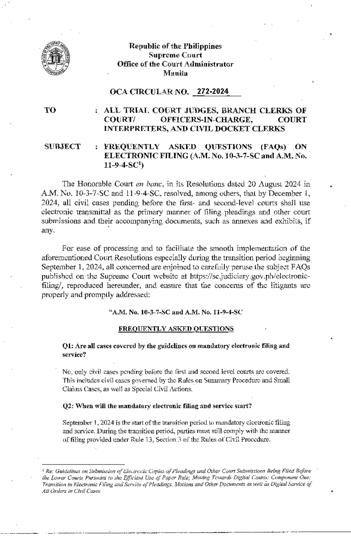 OCA Circular No. 272-2024: FAQs on Mandatory Electronic Filing - Studocu