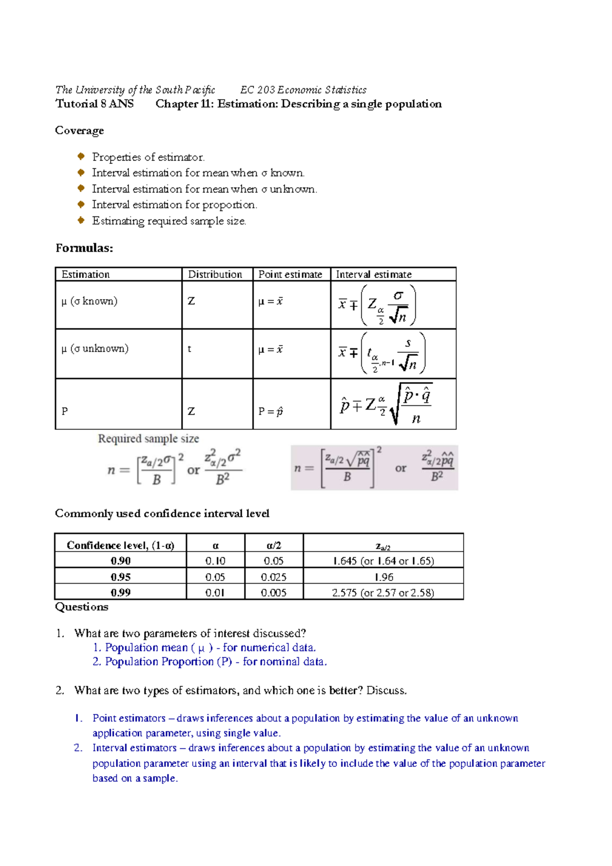 EC 203 Week 8 Tutorial: Estimation in Economic Statistics - Studocu