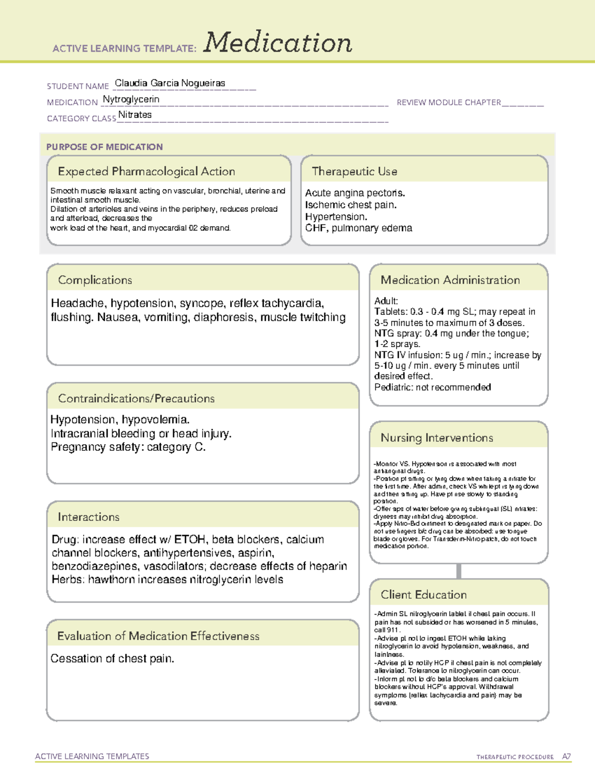 Cardiac Medications: Nitrates Active Learning Template Guide - Studocu