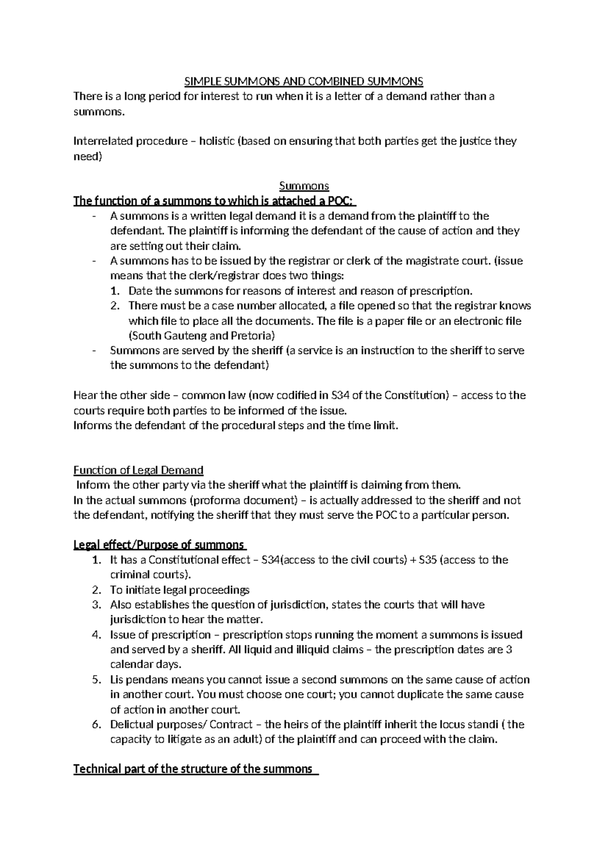 SIMPLE SUMMONS & COMBINED SUMMONS: Legal Procedures Explained - Studocu