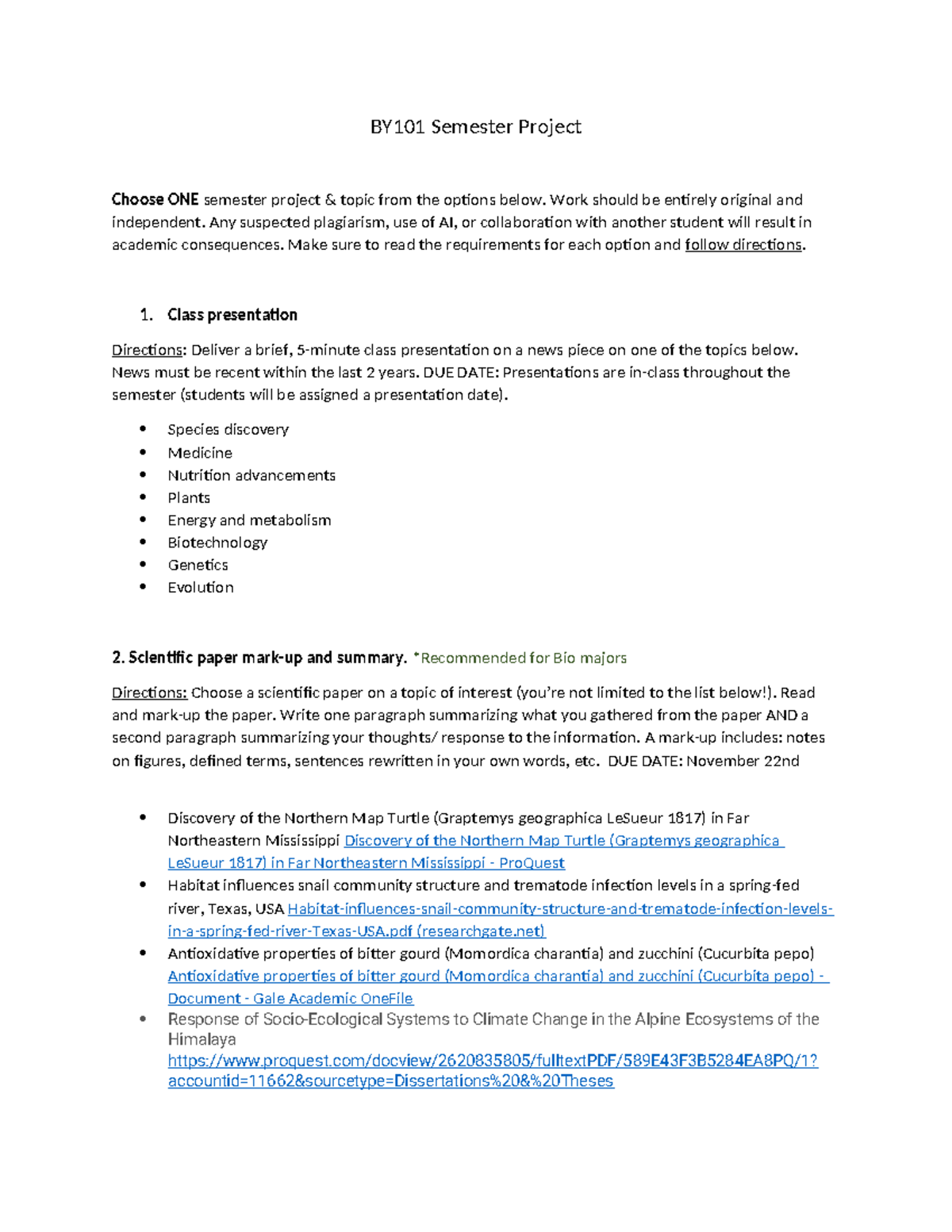 BY101 Semester Project Guidelines and Topic Options - Studocu