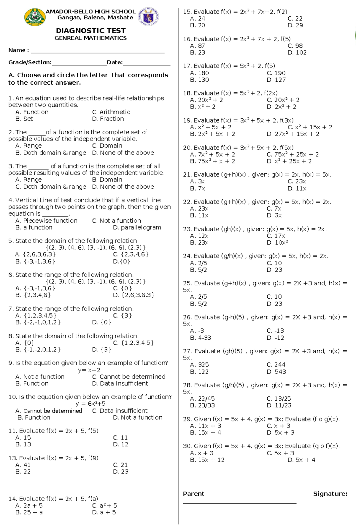 Grade 10 Math Diagnostic Test Material Part 3 - Studocu