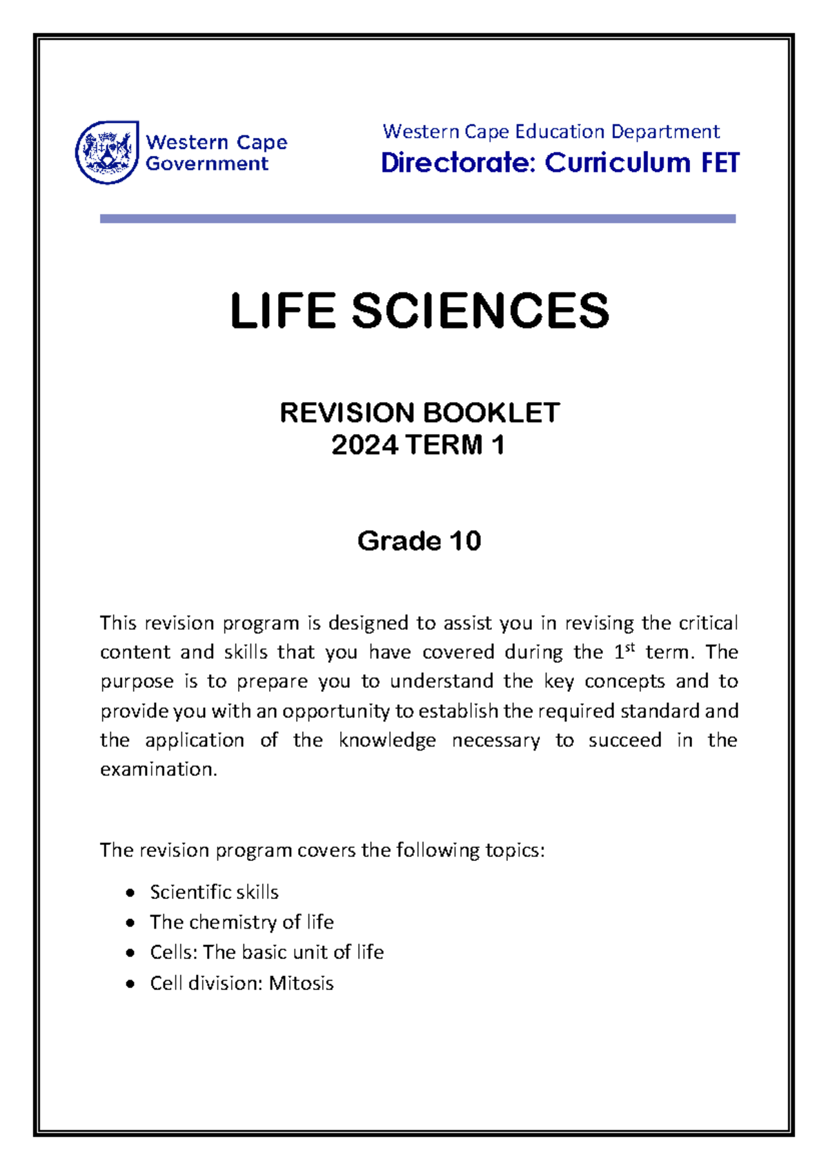 Life Sciences G10 Term 1 Revision Booklet 2024: Key Concepts & Skills ...