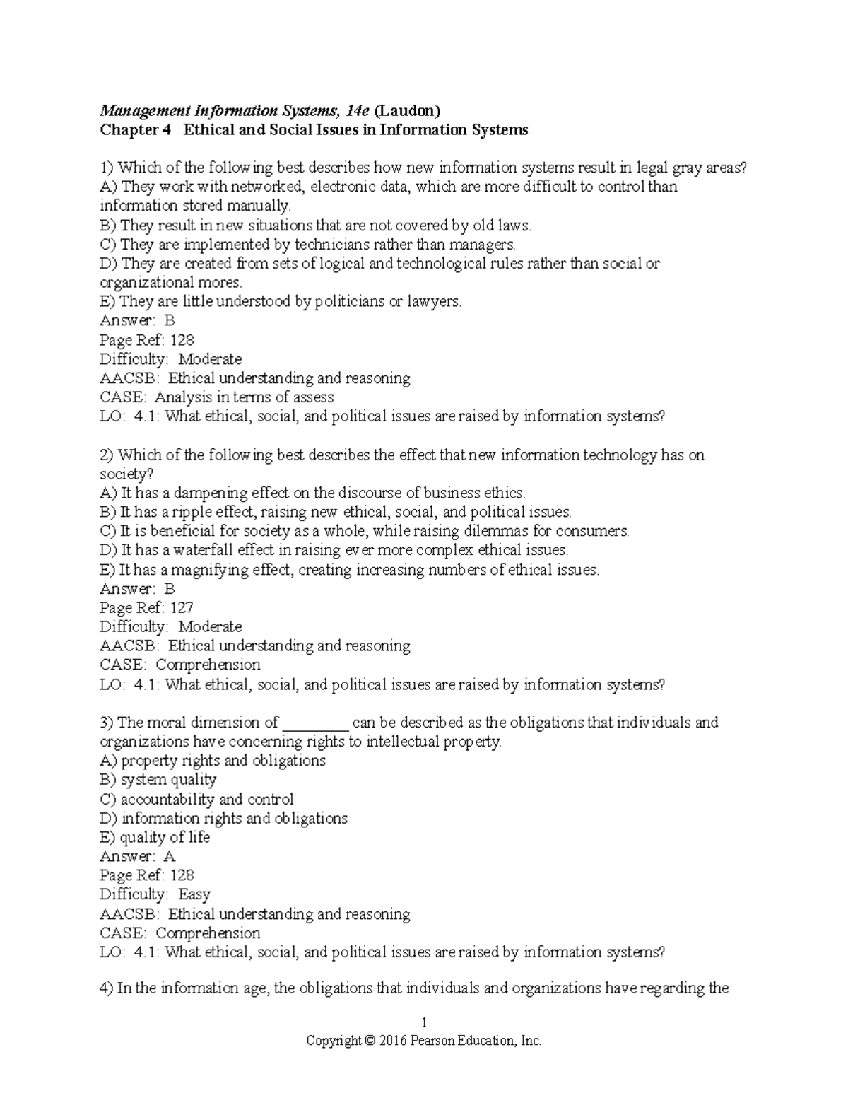 MIS - Laudon 14 - Chapter 4 - Ethical and Social Issues Test Bank - Studocu