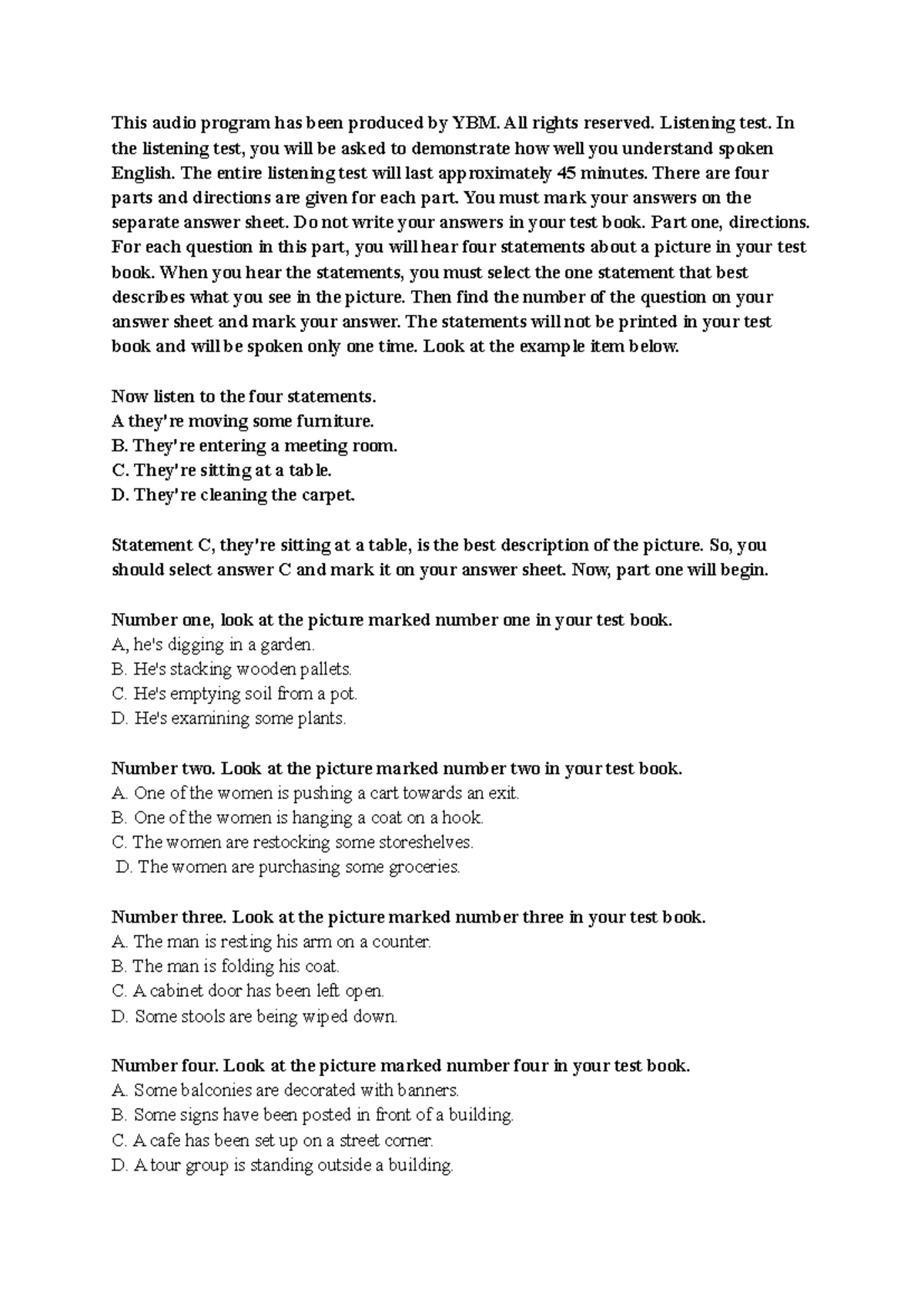 Listening Test Instructions and Sample Questions for YBM - Studocu
