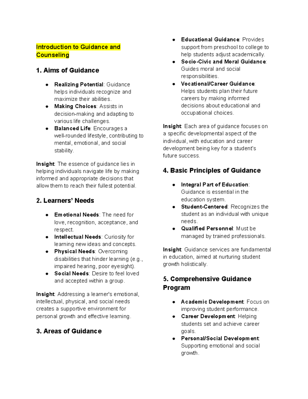 Summary ;3 - Introduction to Guidance and Counseling 1. Aims of ...