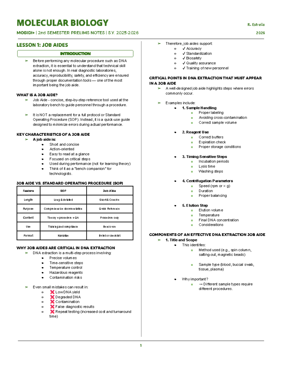 2nd SEMESTER PRELIMS NOTES S.Y. 1: DNA Extraction Job Aide - Studocu