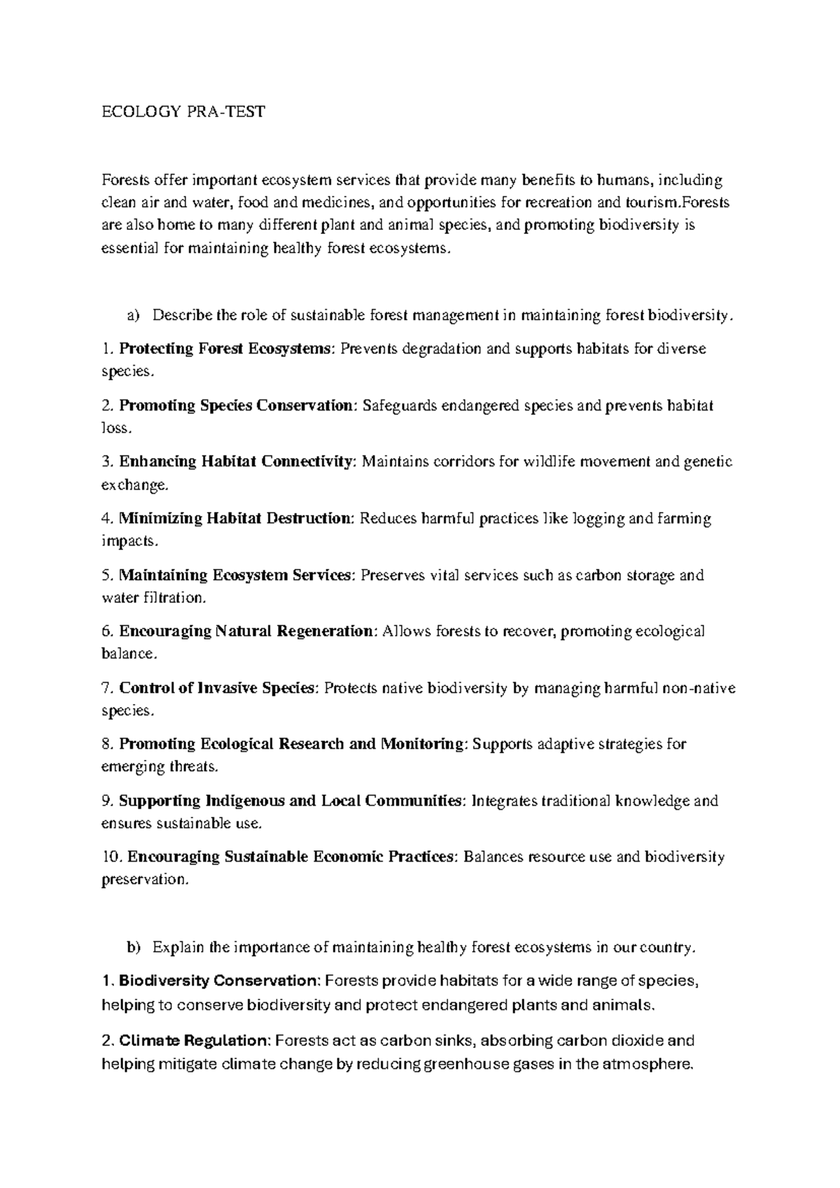 Ecology pra-test - ECOLOGY PRA-TEST Forests offer important ecosystem ...