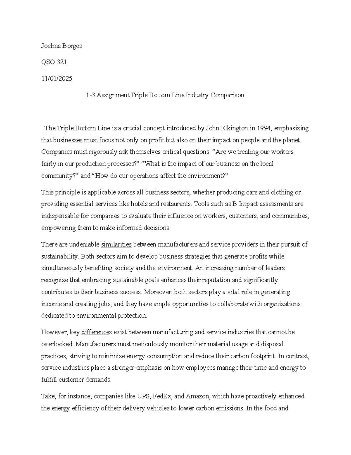 QSO 321 Assignment: Triple Bottom Line Industry Analysis - Studocu